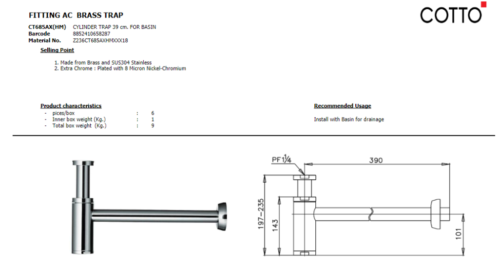 COTTO CT685AX(HM) ท่อน้ำทิ้งอ่างล้างหน้า ทรงกระบอก - SCG HOUSING EXPERT ...
